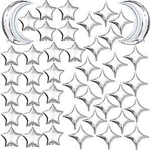 42pcs Silver Star Balloons Silver Moon Balloons Star Balloons Metallic Moon and Star Balloons for Ramadan Eid Mubarak Decorations Graduation, Baby Shower, Space Birthday Party Decorations Supplies