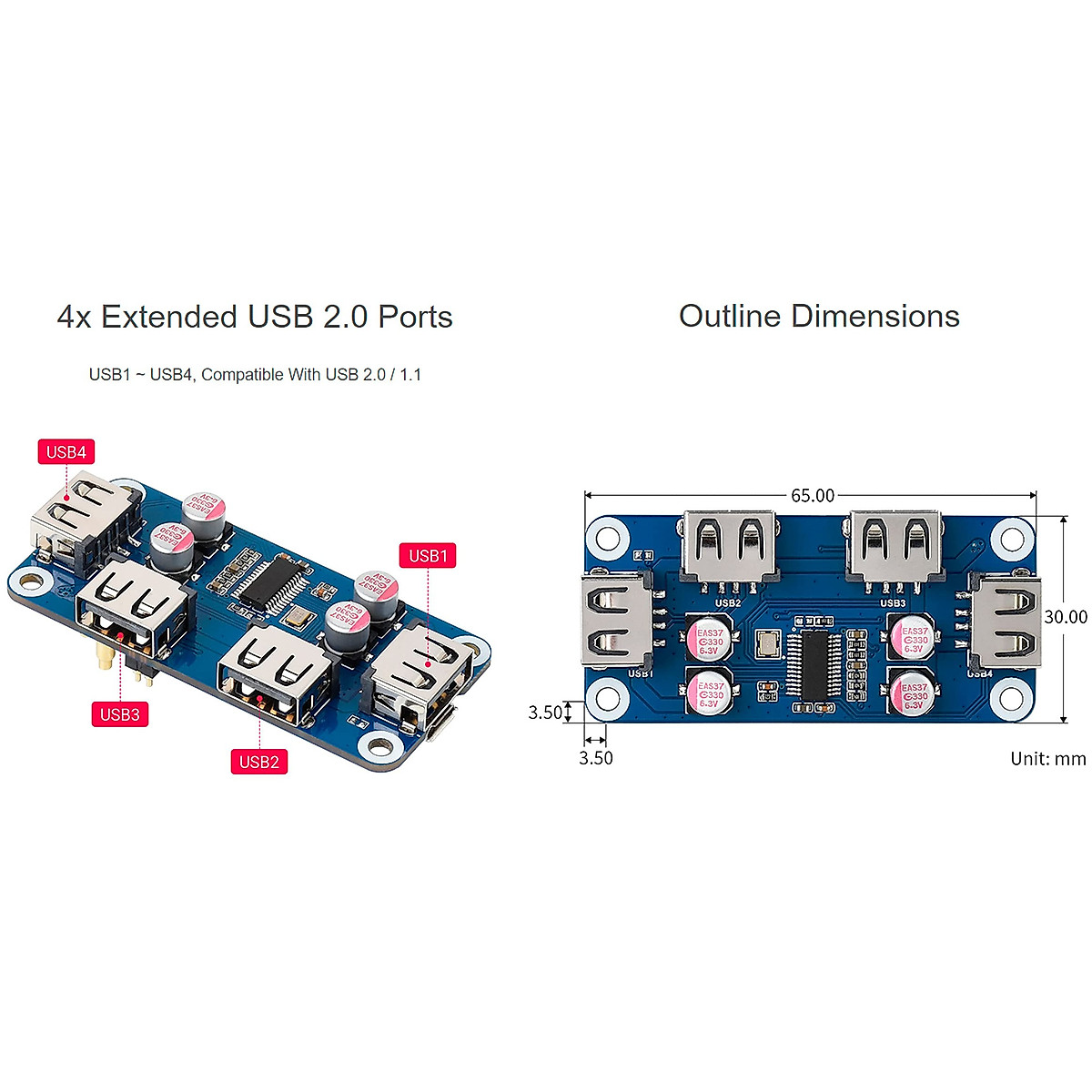 BFab USB HUB HAT (B) for Raspberry Pi 4B/3B+/3A+/2B/Zero/Zero W/Zero WH,with 4X USB 2.0 Ports patible with USB 2.0 / 1.1
