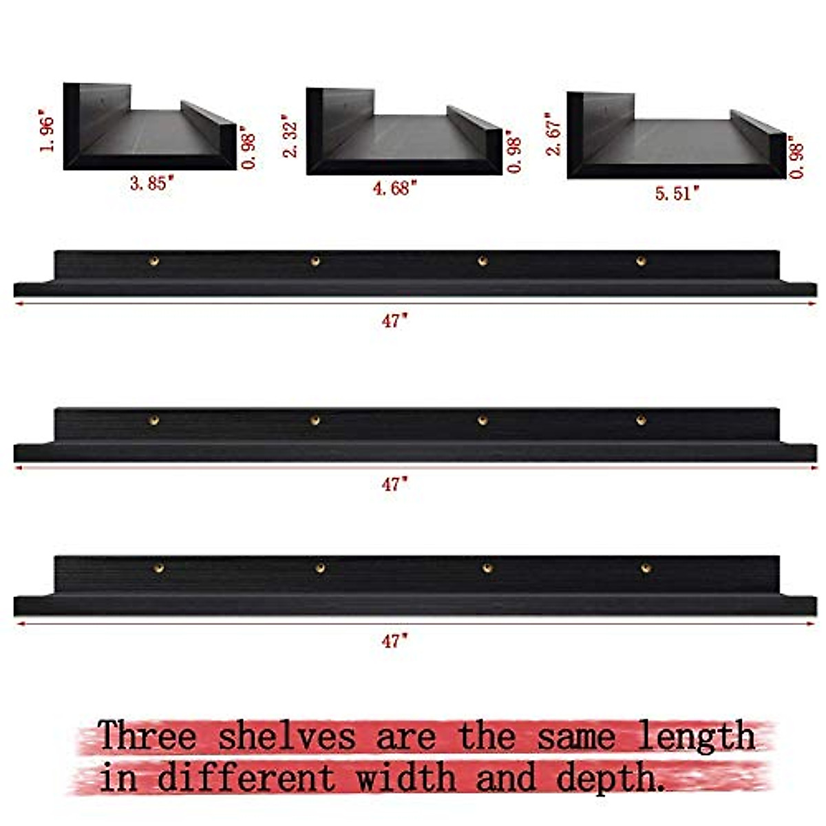 Lavezee 47 Inch + 36 Inch Black Floating Wall Ledge Shelves Set of 3