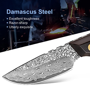 XITUO Damascus Bushcraft Knife, Hunting Knife - Handmade Survival Knife, forged Fixed Blade Knife, 5.5'’ EDC Camping Knife for Men | Fixed Blade with Ebony Wood Handle Leather Sheath