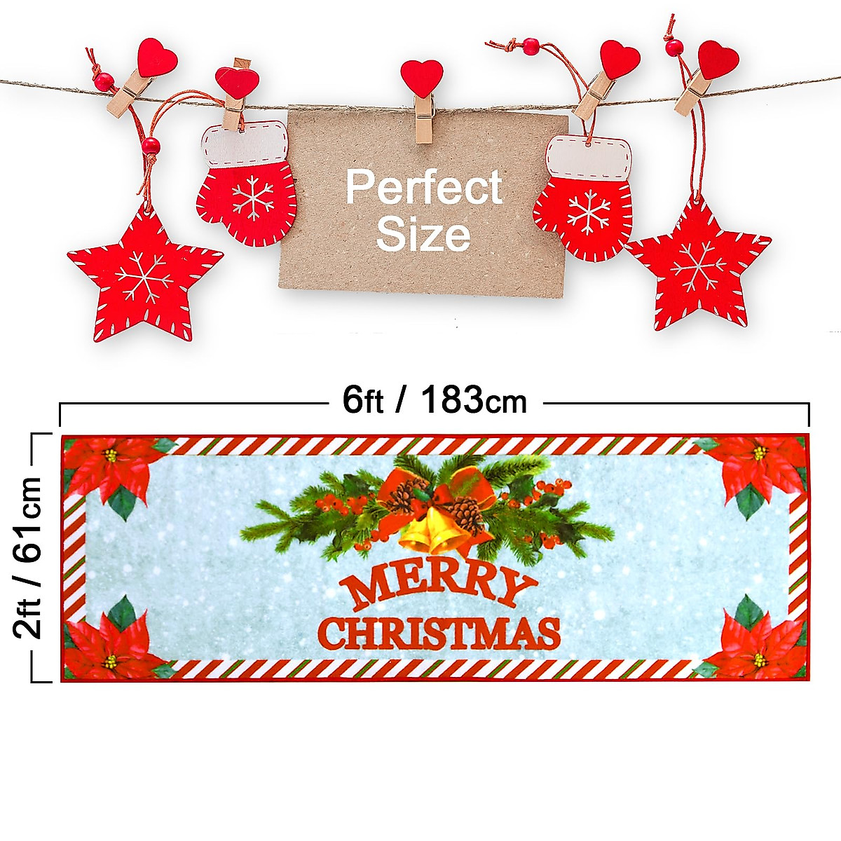 junovo 2 x 6ft Christmas Area Rug Runner Merry Christmas Poinsettia Indoor Rug for Xmas Holiday Decoration, Non-Slip Festive Christmas Carpet Red Flower Door Mat for Fireplace Bedroom Living Room