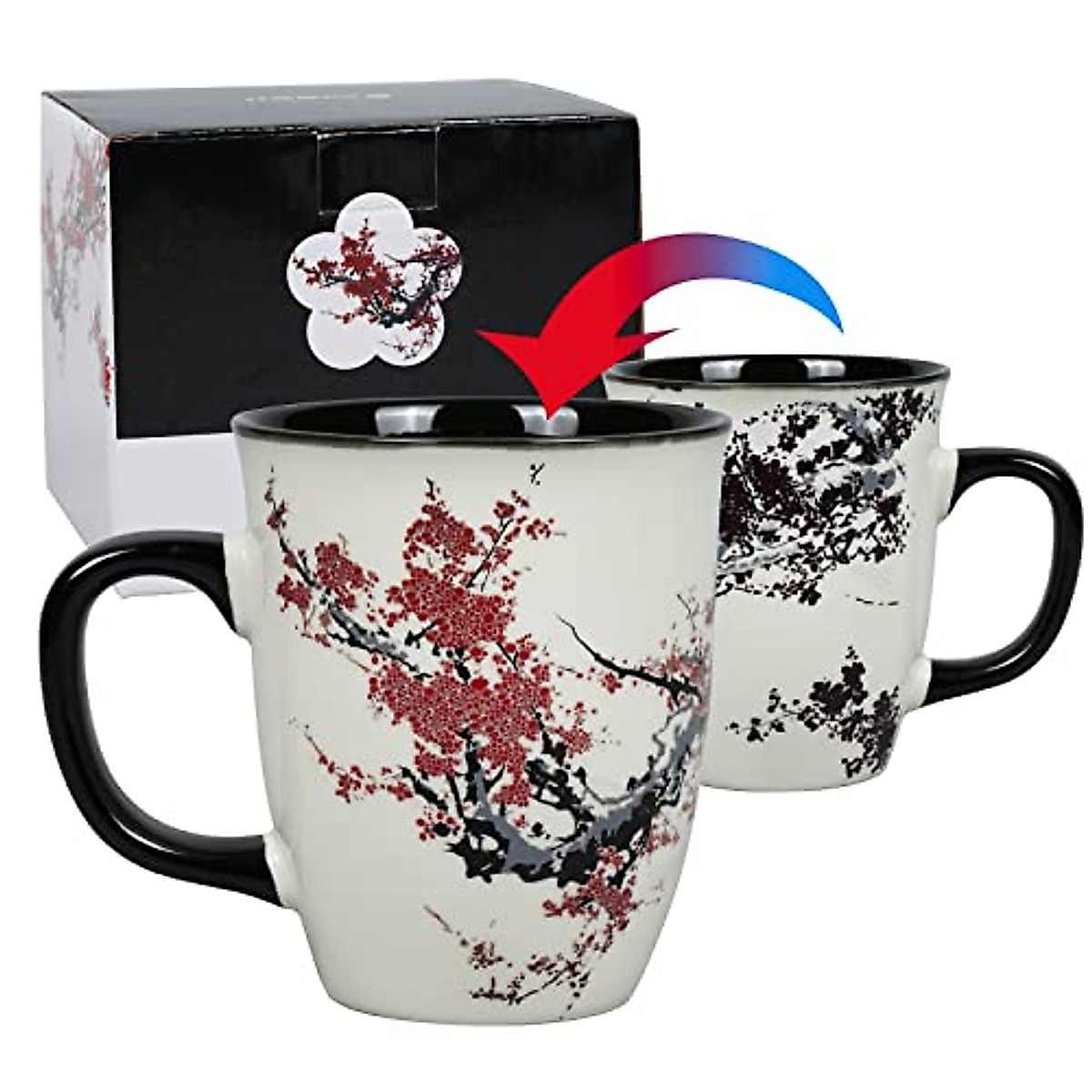 Asmwo Color Changing Heat Sensitive Magic Funny Art Mug Large Coffee Tea Plum Blossom Porcelain Mugs for Women Mom grandma Gifts 16oz Black Change Glow Red Cups