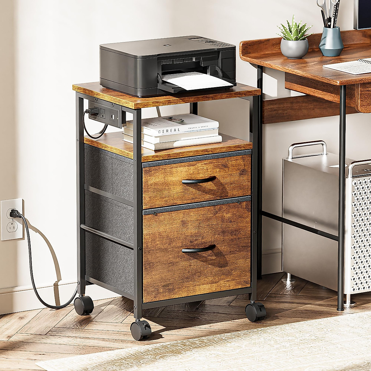 Huuger File Cabinet with Power Outlets, 2 Drawer Filing Cabinet, Printer Stand with Storage, Rolling File Cabinet with Lockable Wheels/Adjustable Feet, Open Shelf, Wood Top, Rustic Brown