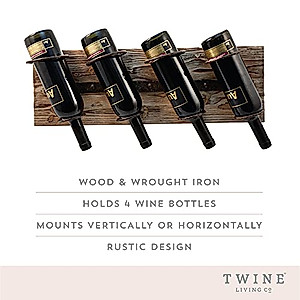 Twine Rustic Country Wood and Metal, Set of 1 Wall Mounted Rack, Wine Storage, Wrought Iron, 8" x 23.15"