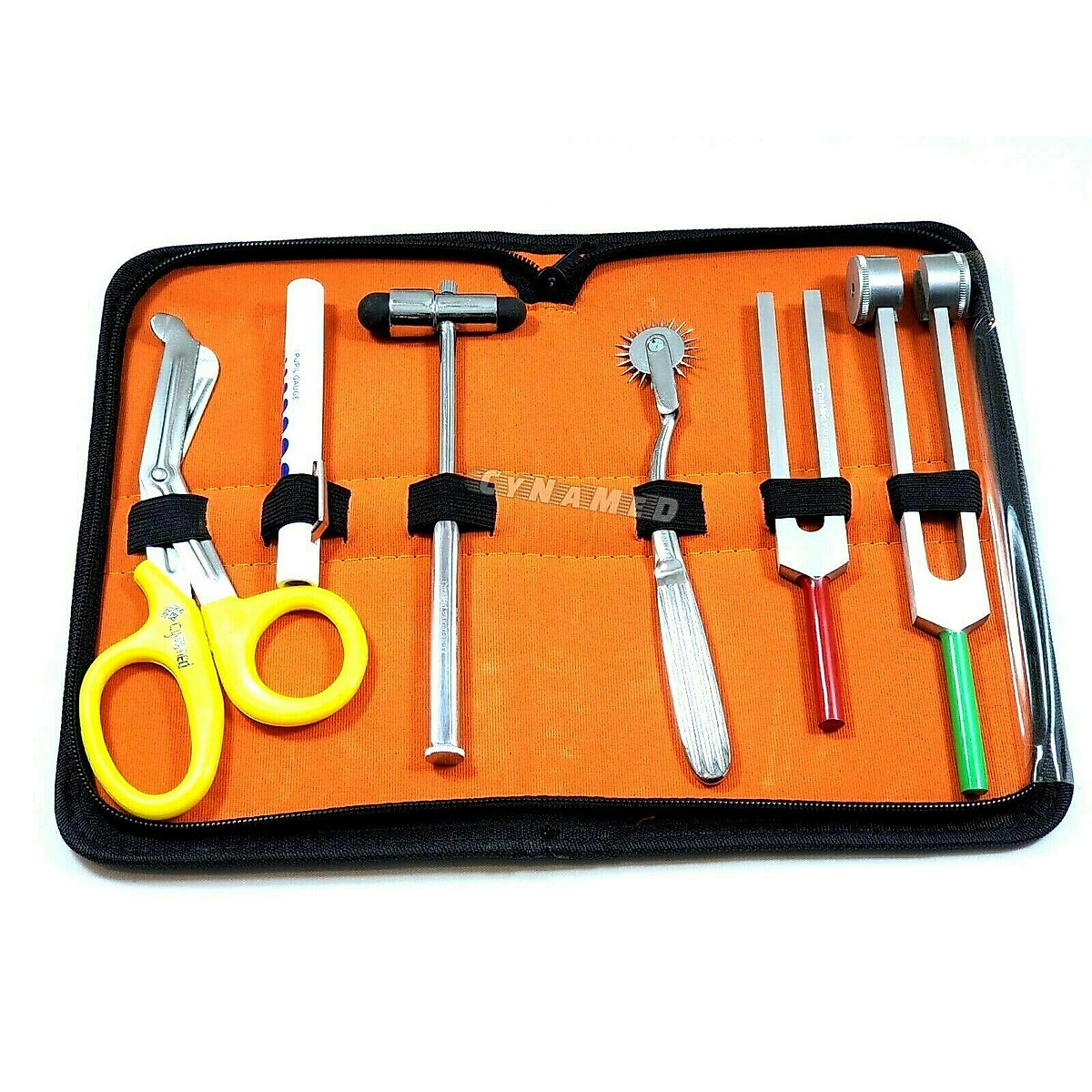 Student Diagnostic Kit- Reflex Hammer & Tuning Fork Set C 128 And C 512 + Wartenberg Pinwheel Premium Steel Bandage Scissor 7.5” (Set Of 6 Reflex Buck Hammer Yellow Scissor Penligh)