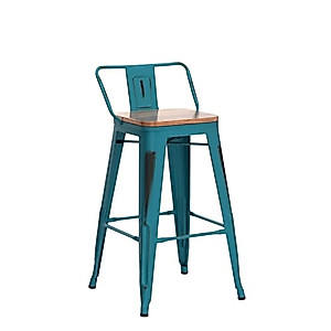 Alunaune 26" Metal Bar Stools Set of 4 Industrial Counter Height Barstools Kitchen Counter Stool Modern Wood Seat-Distressed Teal