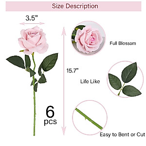 Louiesya Artificial Flowers Bouquet Silk Roses 6 Pcs Fake Flowers Real Touch Bridal Wedding Bouquet for Home Garden Party Floral Decor（Light Pink）