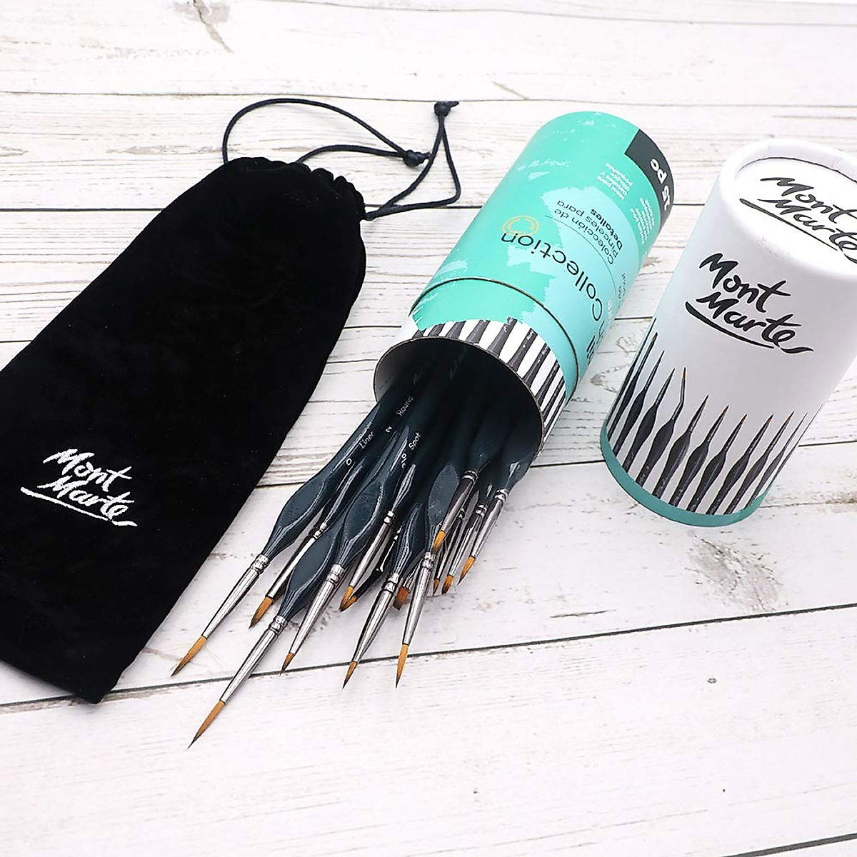 Mont Marte Signature Detail Brush Collection, 15 Piece, Taklon Bristles, Suitable for Acrylic, Oil, Watercolor and Gouache Paints, Includes Storage Bag