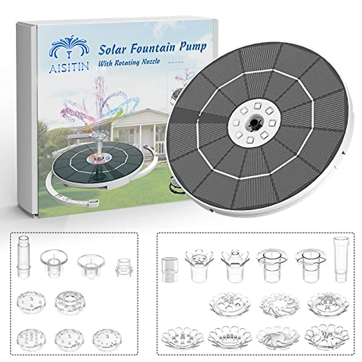 AISITIN 5.5W LED Solar Fountain Pump with Colorful Lights & 3000mAh Battery, 2023 Upgrade Solar Bird Bath Fountain Pump with Multiple Nozzle