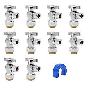 PURAGEIR 10 Pack Pushfit Angle Stop Faucet Valve, 1/2" Push-Fit x 3/8" Comp, Quarter Turn 1/2" Nom x 3/8" Compression Shut Off Water Valve, Pex, Copper,Cpvc,Brass