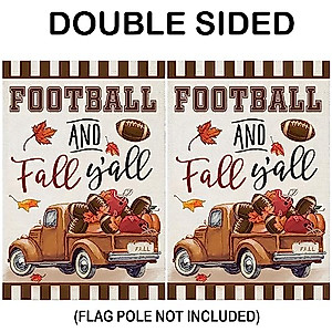 Welcome Fall Garden Flags for Outside Decorations, FOOTBALL and Fall Y'all Truck with Maple Leaves Small Yard Flag, Harvest Autumn Thanksgiving Seasonal Farmhouse Holiday Outdoor Decor 12x18 Inch Vertical Double Sided