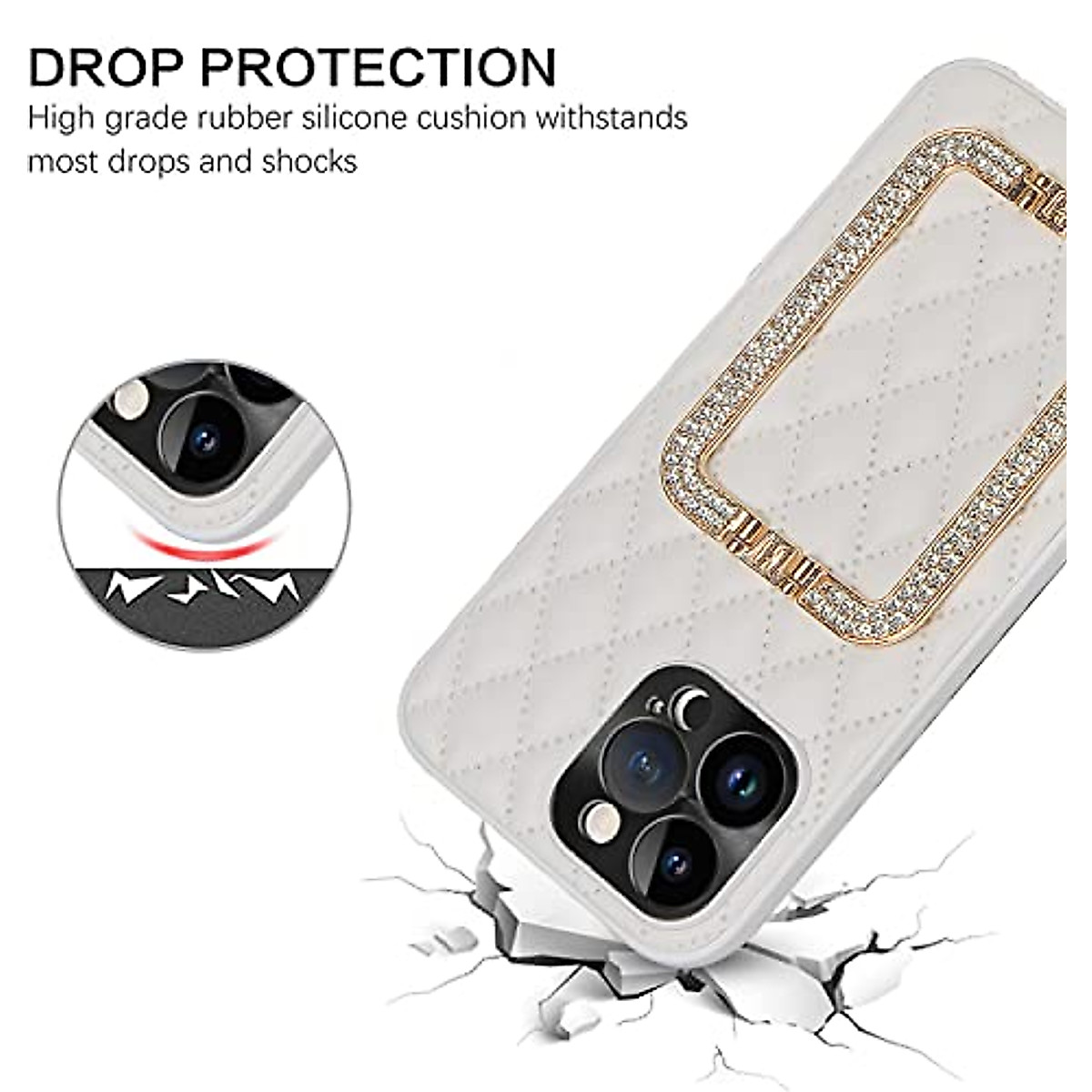 HALATUA Luxury iPhone 13 Pro Max Case with Glitter Diamond Stand, Soft Quilted Leather Design for Women & Girls 6.7" (White)