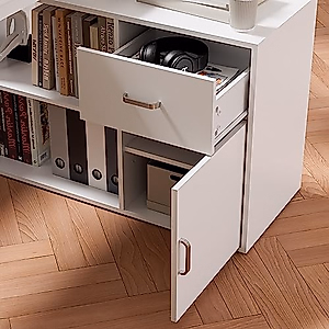 Cozy Castle L-Shaped Computer Desk, Home Office Desk, Corner Desk with Drawer and 2 Shelves, Study Writing Table with Storage Cabinet, Combination Computer Desk, White