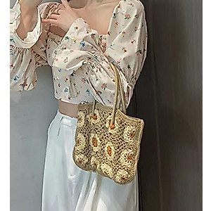 ZYYMMNN Casual Cotton Woven Bags Women Crochet Flower Handbag Hollow Tote Bags Hand-Woven Summer Hand Bag Vacation Straw Bag