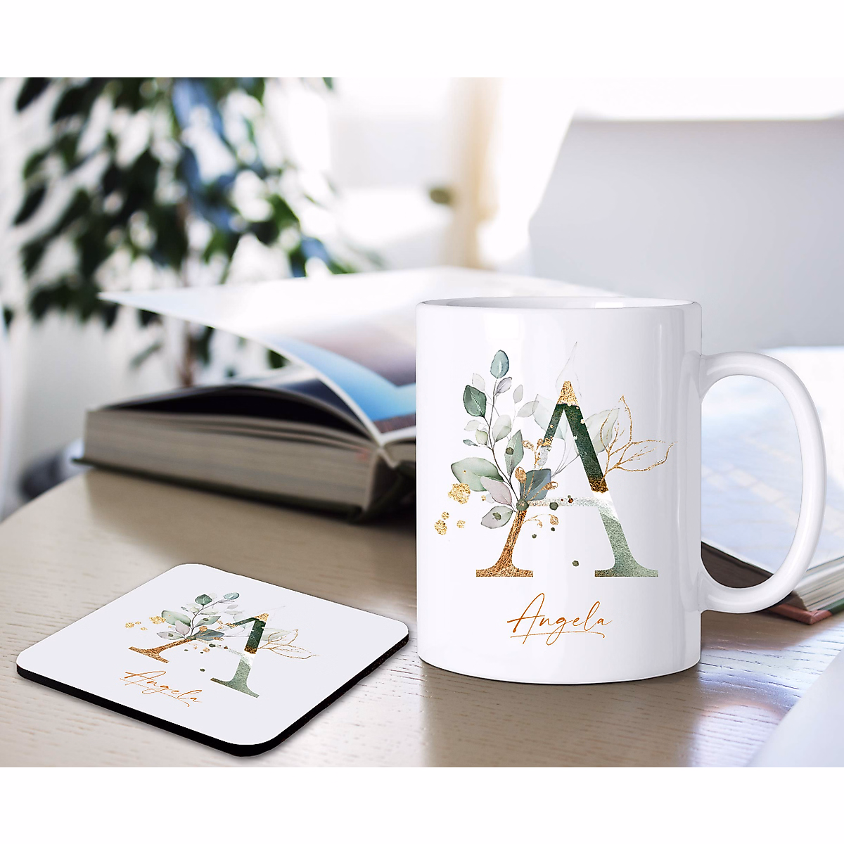 SANTANNA Personalized Name Coffee Mug With Custom Letter Alphabet Initial (Botanica and Gold Herbs)