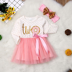 Newborn Baby Girls Pink Striped Tutu Dress First Birthday Skirt Outfits Casual Donut Print Girls Clothes Headband 2Pcs Set (Two Long-Sleeve, 2-3T)
