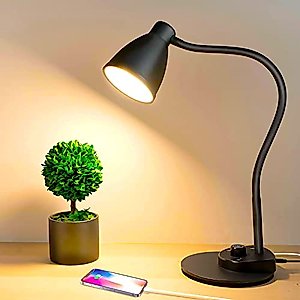 BOHON LED Desk Lamp with USB Charging Port 3 Color Modes Dimmable Reading Light Intelligent Induction Auto Dimming Task Lamp Flexible Gooseneck Table Lamp for Bedside Office, AC Adapter Include