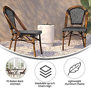 Flash Furniture Bordeaux Set of 2 Indoor/Outdoor Commercial French Bistro Stack Chairs - Black/White PE Rattan Back and Seat - Natural Bamboo Print Aluminum Frame