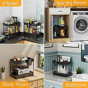GORLDE Under Sink Organizers and Storage,2 Tier undersink organizers with Pull Out Sliding Drawers,Multi-purpose Bathroom Kitchen Under Cabinet Organizer with Hooks Hanging Cup,Black