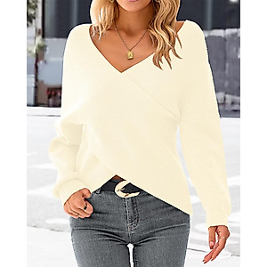 KIRUNDO 2024 Fall Winter Women's Long Sleeve Cross Wrap V Neck Knit Sweater Off Shoulder Backless Casual Pullover Tops(Apricot, Small)