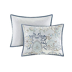 Madison Park Season Set, Matching Bed Skirt, Decorative-Pillows, Queen(90"x90"), Isla, Floral Medallion Blue 8 Piece