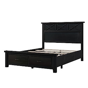 Queen Size Platform Bed, Wood Platform Beds with Two Storage Drawers & Headboard Rustic Farmhouse Style Wood Bed Frame Queen for Bed Room, No Box Spring Needed (Black)