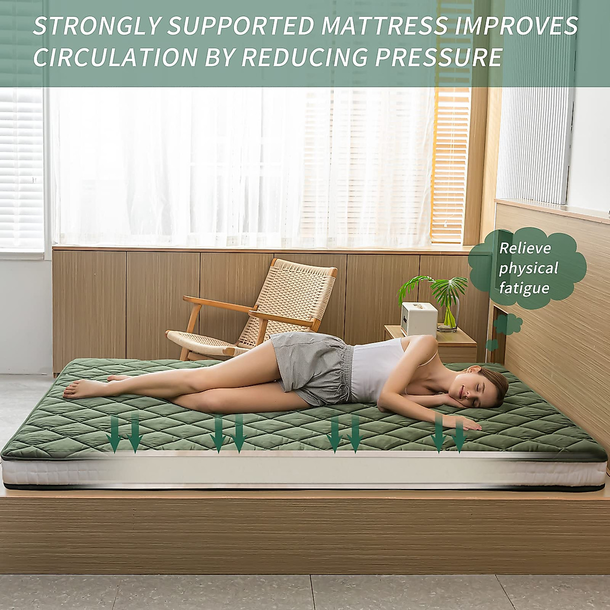 MAXYOYO Japanese Floor Futon Mattress Full Size, Floor Couch for Adults Roll Up Folding Floor Bed Portable Mattress Foam Mattress Queen, Diamond Patterned Japanese Futon Bed, Green