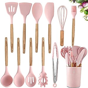VIVAYO Silicone Cooking Utensil Kitchen Utensils Set, 12 Pieces Silicone Kitchen Utensil Wooden Handles, Kitchen Spatula Sets with Holder Spoon Turner Tongs, Pink