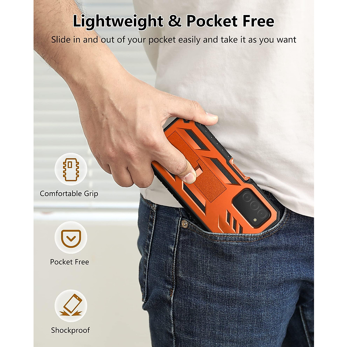 for Samsung Galaxy A03S Phone Case: Built in Hard Kickstand & Touch Protector Military Shockproof TPU Sturdy Soft Rugged Heavy Duty Armor Full Body Protection Grade Phone Cover - Orange