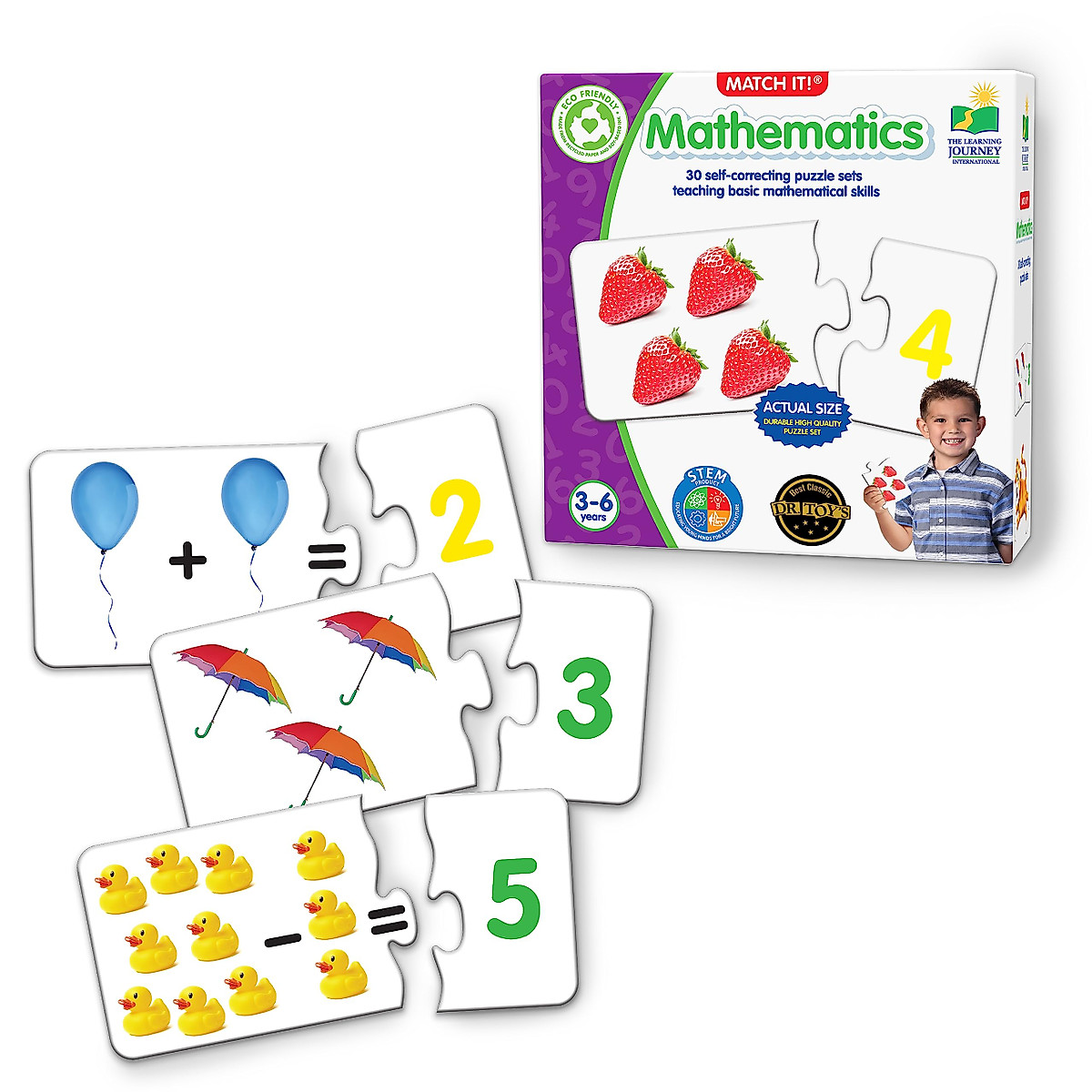 Learning Journey International LLC Match It! Mathematics - STEM Addition and Subtraction Game - 30 Matching Pairs – Preschool Games & Gifts for Boys & Girls Ages 3 and Up, Multi