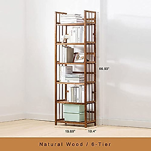 IOTXY Adjustable Bamboo Open Bookshelf - Small 6-Tier Tall Free Standing Storage Rack, Multifunctional Display Stand for Home and Office, Bookcase, Light Brown