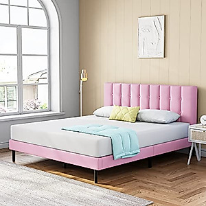 Moblly Full Size Platform Bed Frame with Headboard and No Box Spring Needed, Queen Bed for Large Storage Space/Mattress Foundation/Wood Slat Support/Easy Assembly, Pink