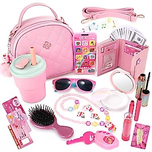 Little Girls Play Purse and Pretend Makeup Kit- 49PCS My First Purse Set Includes Handbag Phone Wallet Play Makeup Princess Jewelry Water Bottle, Pretend Play Gift Toys for Girls Toddlers Age 3+