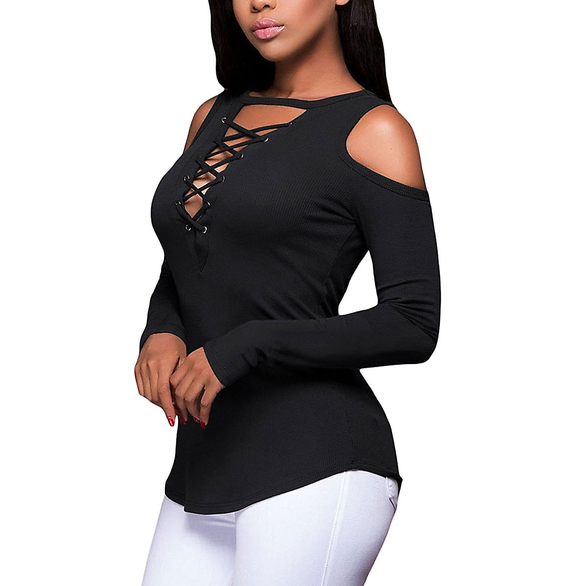 Defal Women's Sexy V-Neck Cold Shoulder Long Sleeve Blouse Shirt Slim Lace-Up Ribbed Stretchy T-Shirt Top (XXL, Black)