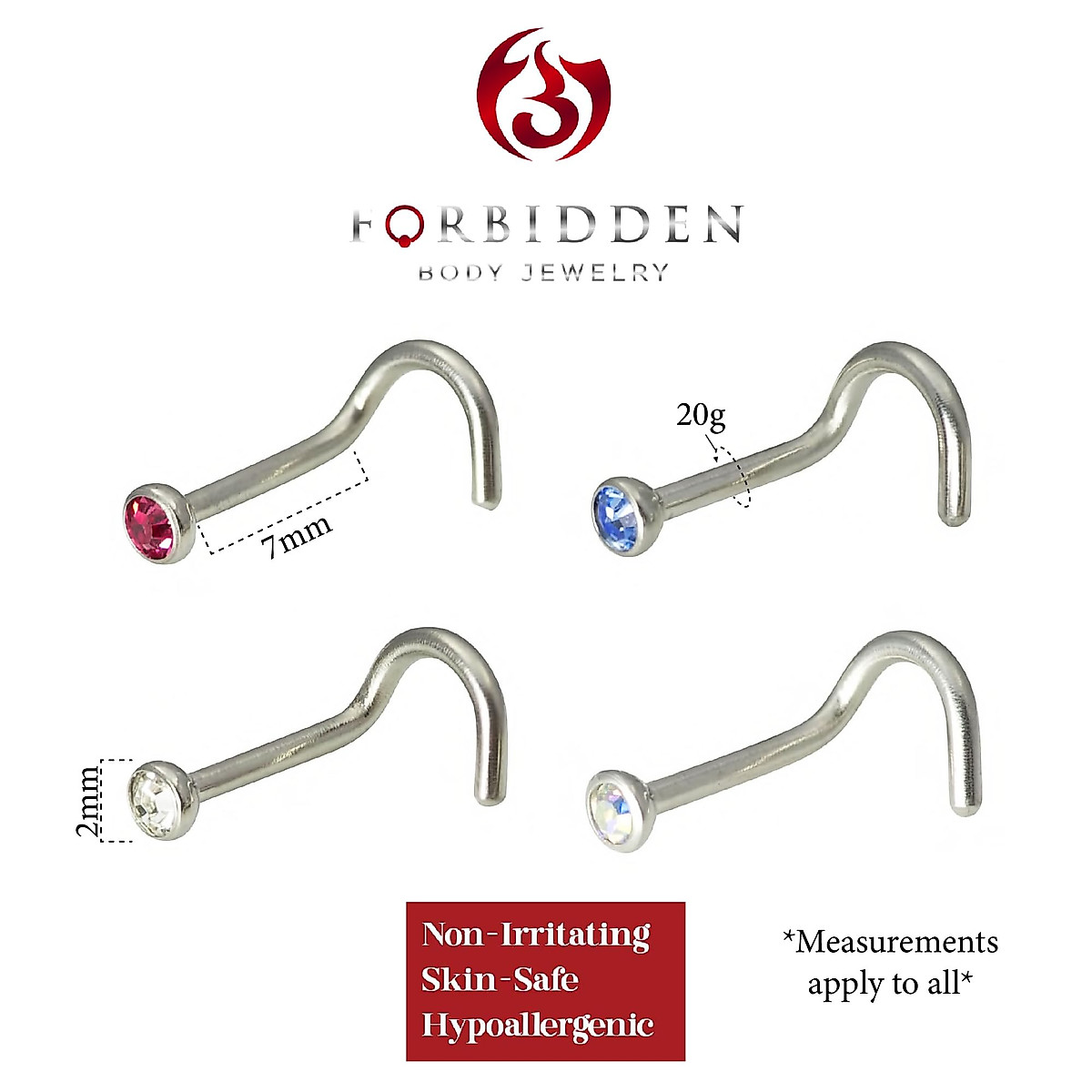 Forbidden Body Jewelry Set of 4 Nose Screws: 20g Surgical Steel CZ Crystal Nose Screws (Clear, Pink, AB & Aqua)