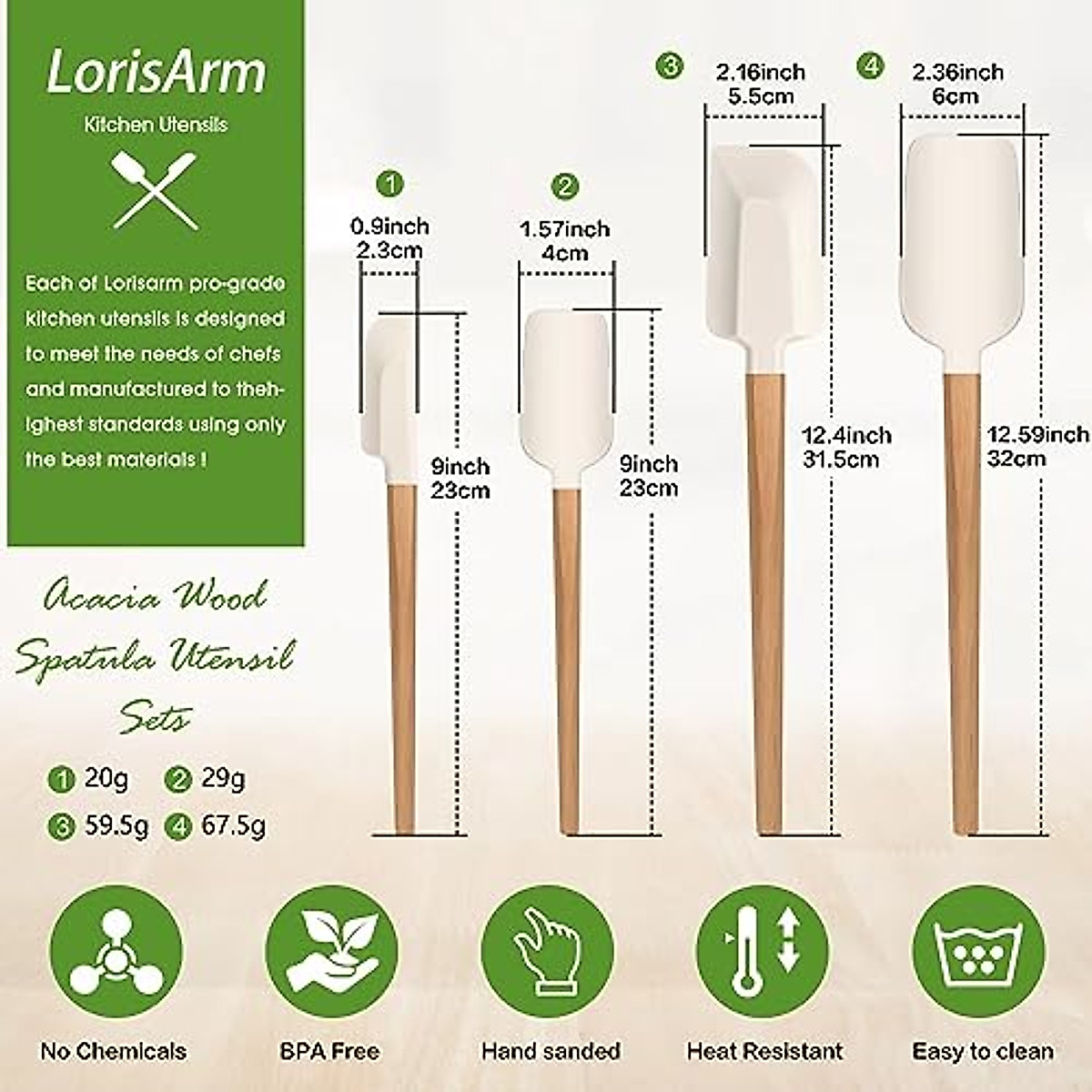 LorisArm Wooden Handle Spatula Set, 12" & 9" Rubber Spatula Silicone Spatulas for Baking Cooking and Mixing.