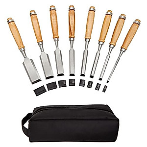 8 Piece Chisel Set for Woodworking with Blade Tip Guard and Storage Pouch (8 Sizes)