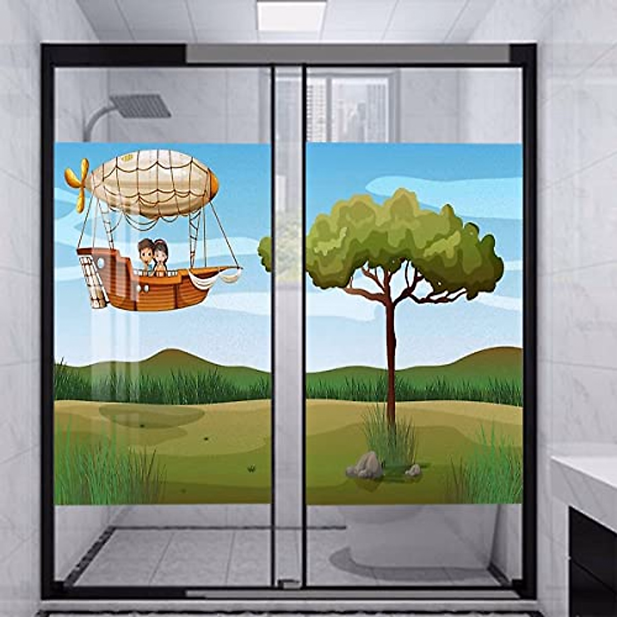 Blue Green Static Clung Window Film Frosted Stained Flower Glass Sticker for Privacy Explore Girl Boy New Adventures Hot Air Balloon Privacy Film 17.7Wx23.6L-inch x2 Pcs