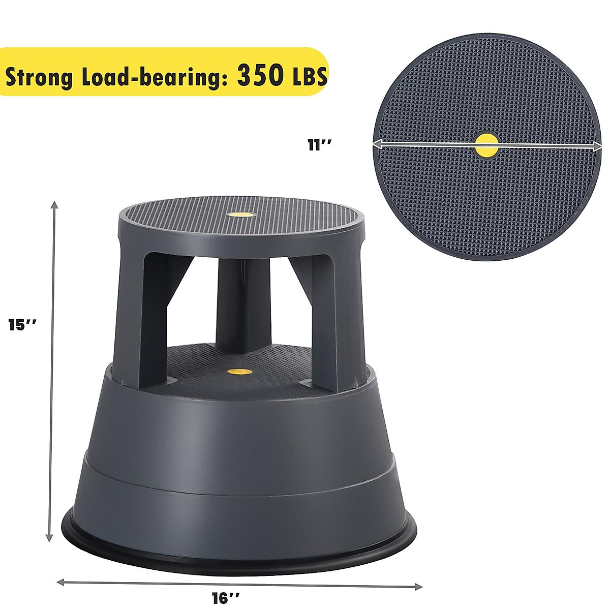 LDAILY Rolling Step Stools with Wheels, Kick Step Stool Holds up to 350 lbs, Round Scooter Stool Ideal for Kids or Adults, Step Stool Perfect for Kitchen, Library, Office, Garage, Gray