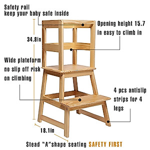 SDADI Kids Kitchen Step Stool with Safety Rail - for Toddlers 18 Months and Older, Natural LT01N