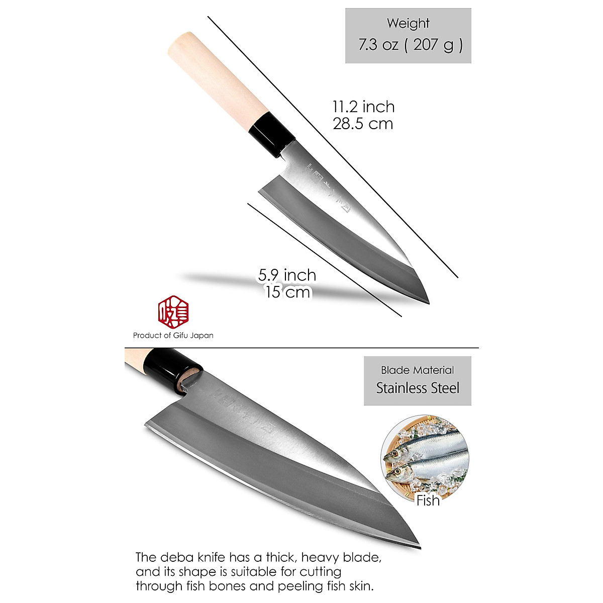 Seki Japan Japanese Seki SANBONSUGI Sushi Chef Knife, 420J2 Stainless Steel Sashimi Deba Knife, Wood Handle, 150 mm (5.9 in)