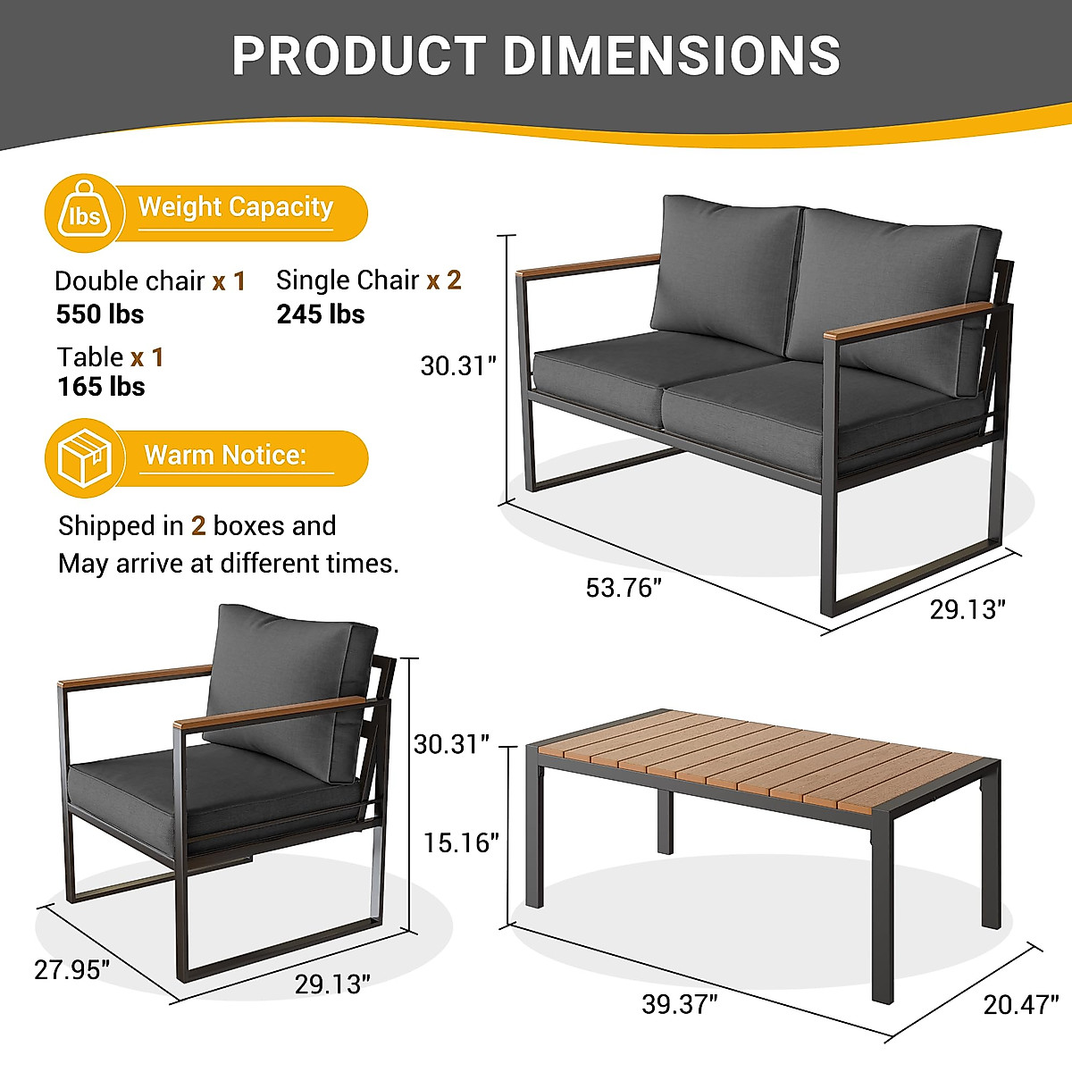 UDPATIO Metal Outdoor Patio Furniture Set, Modern Outdoor Conversation Furniture Sets w/Coffee Table, Sectional Furniture with Thick, Washable and High-Resiliency Sponge Cushions, Deep Grey, 4 PCS