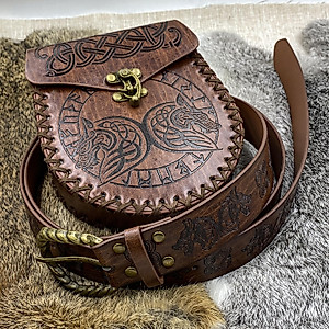 HiiFeuer Viking Fenrir Embossed Buckle Belt with Nordic Embossed Belt Bag, Vintage Faux Leather Belt and Belt Pouch Set for LARP (Brown C)