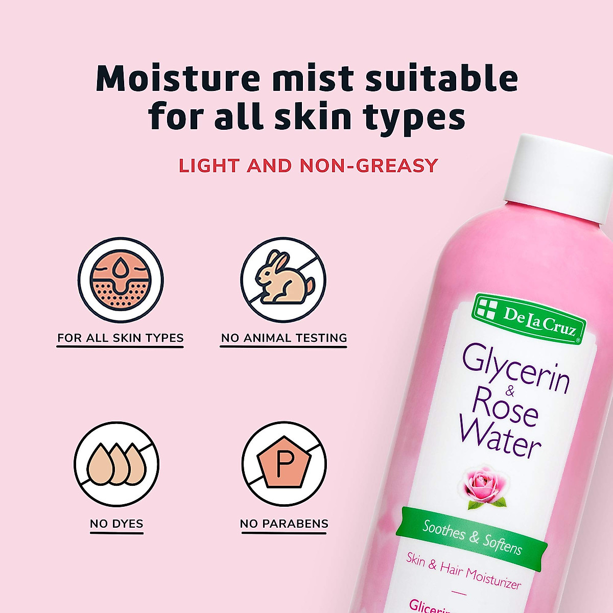 De La Cruz Rose Water and Glycerin for Face - Rosewater Facial Toner and Moisturizer for Skin and Hair 8 fl oz. (236 mL) - 1 Bottle