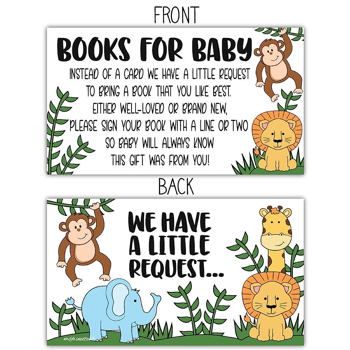 50 Safari Jungle Animals Books for Baby Shower Request Cards - Invitation Inserts - Gender Neutral