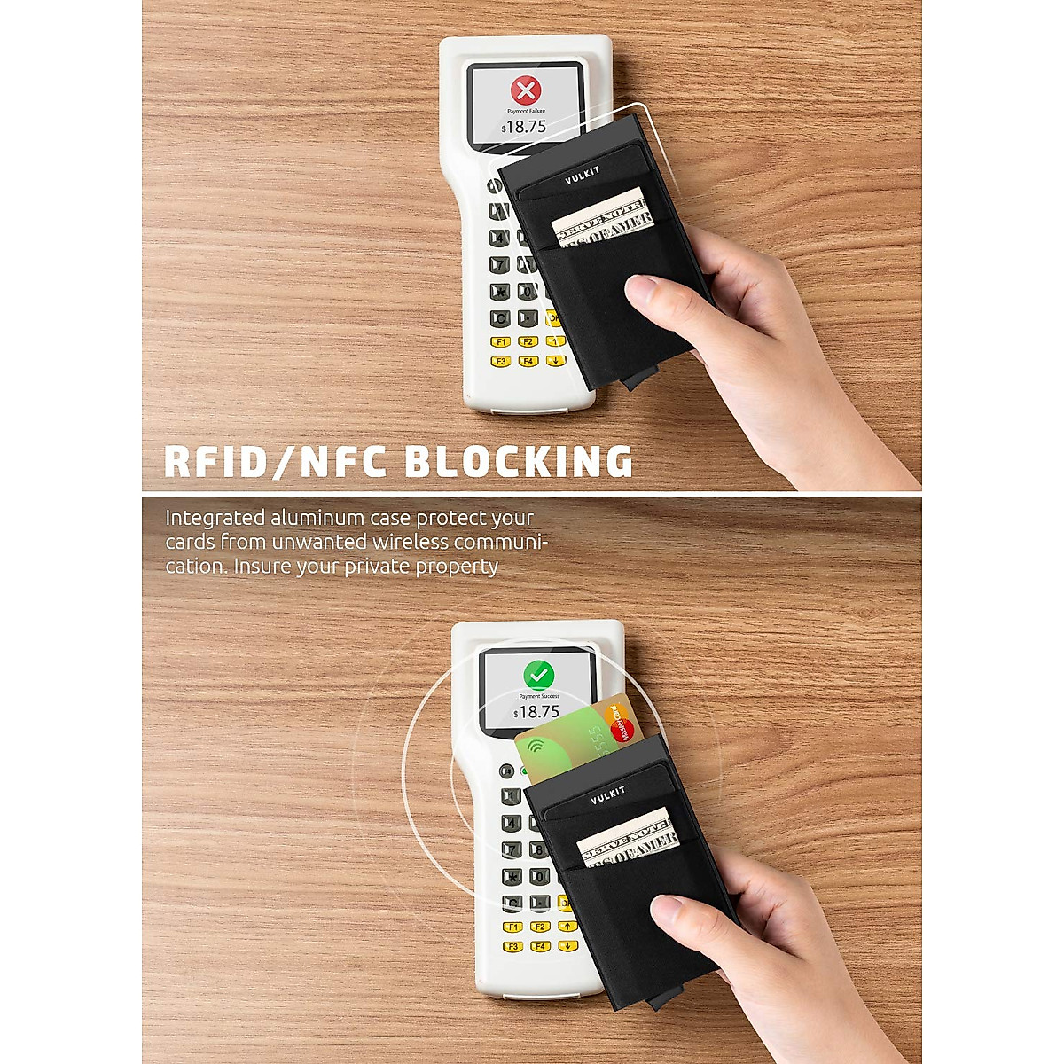 VULKIT Card Holder with Money Pocket Pop Up Wallet RFID Blocking Slim Metal Bank Card Case Holds 5 Cards and Notes(Black)