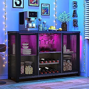 YITAHOME Bar Cabinet w/LED Lights for Liquor and Glasses, Coffee Bar Cabinet w/Wine Racks, Mesh Door, Glass Holders, Industrial Storage Buffet Cabinet for Kitchen, Dining Room, Living Room, Dark Gray