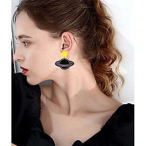 ANXIN Unique Handmade Cartoon Black Embossed Print Rocket Planet Earrings Chic Lightweight Creative Acrylic Drop Dangle Earrings For Women Jewelry Gifts (Black Planet (Xingxing) Earrings)