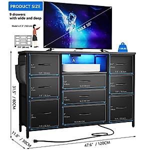 Yenlure Black Dresser for Bedroom Dresser with LED Lights and Charging Station, LED Dresser TV Stand with Drawers Hanging Storage Bag PU Finish, Chests of Drawers for Bedroom Adult, Women, Mens.