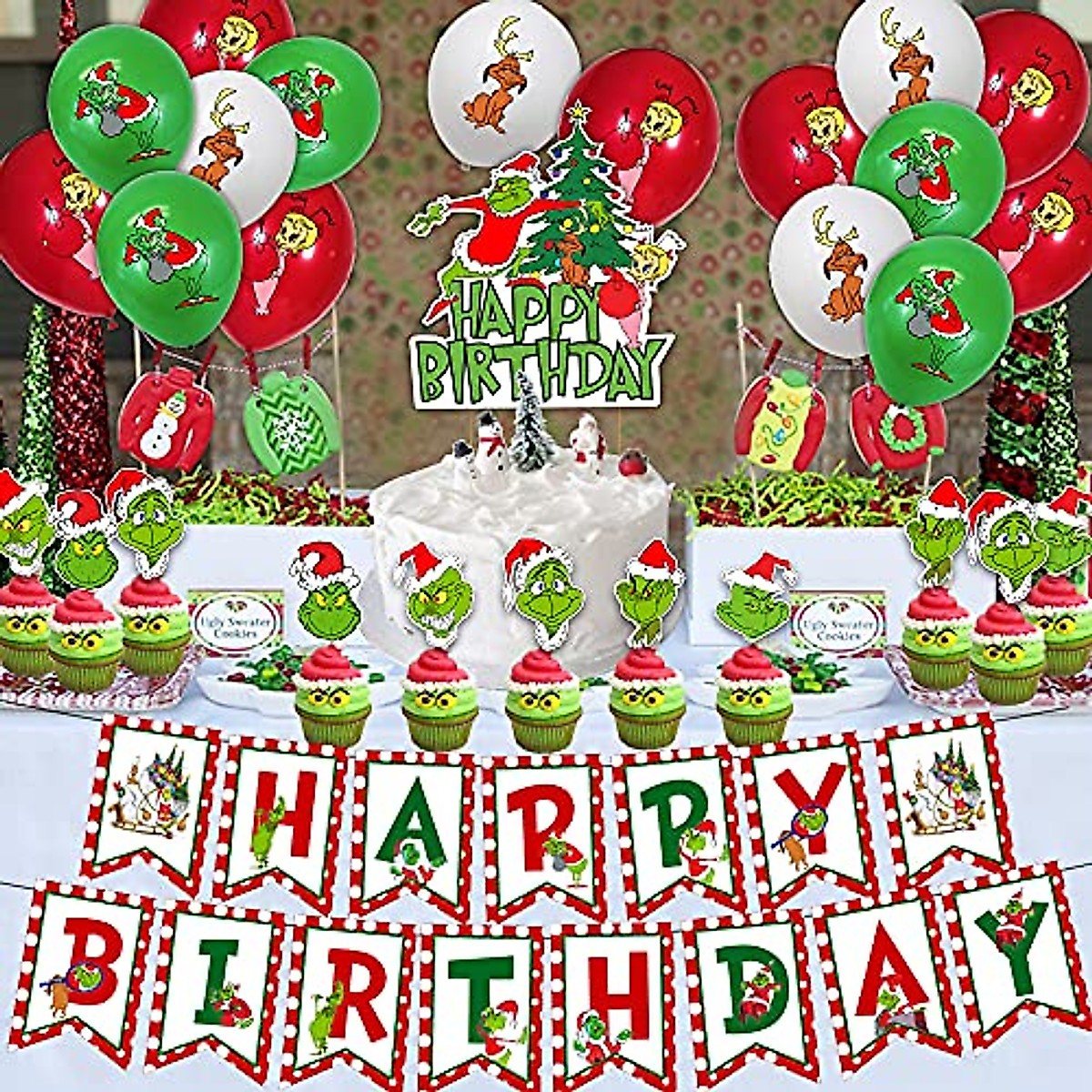 Grinch Christmas Birthday Decorations,Happy Birthday Banner,Holiday Cake Decoration,Grinch Cupcake Toppers,The-Grinch Christmas Balloons for Party,Christmas Theme Party Supplies,Winter Festival Feast Decorations